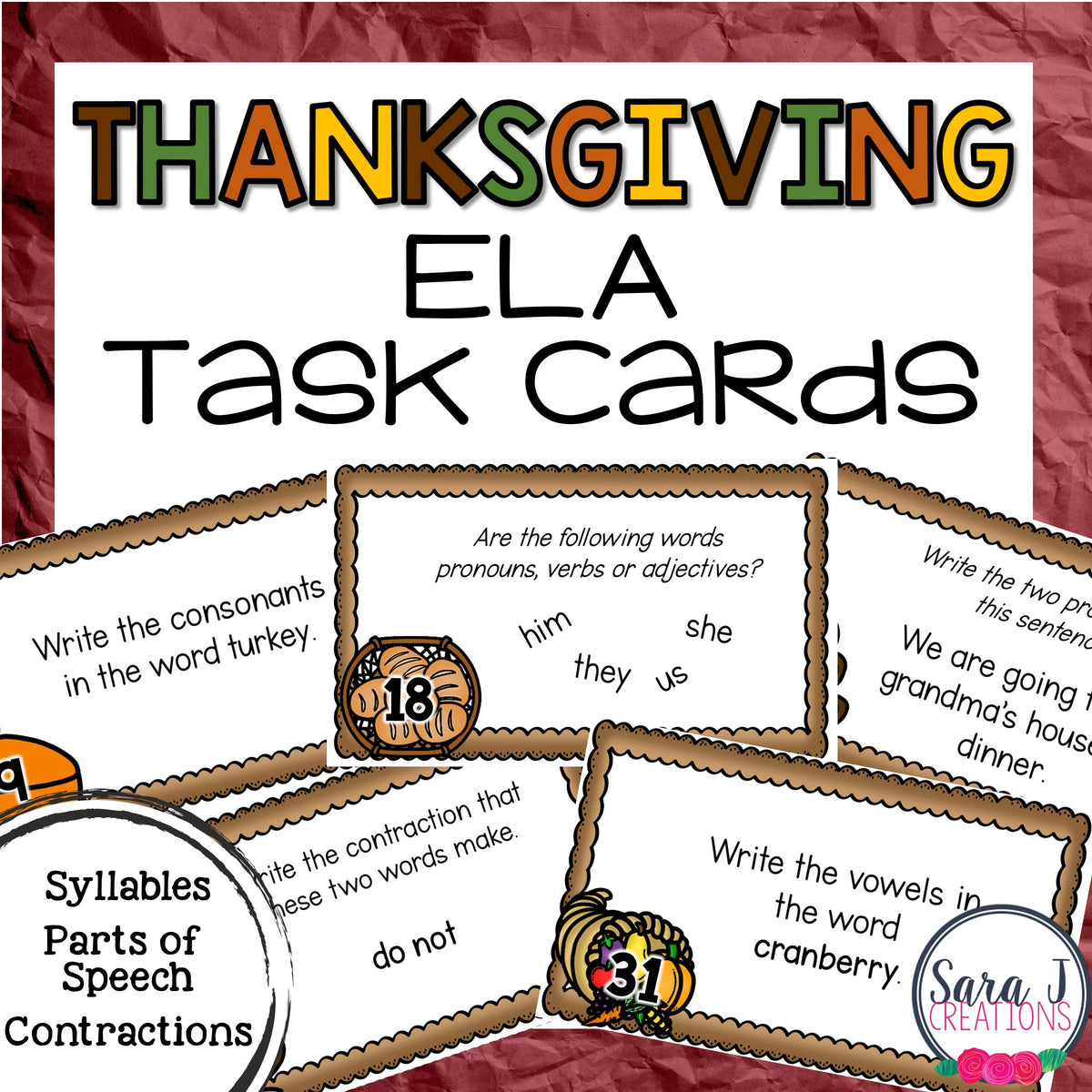Thanksgiving ELA Task Cards – Sara J Creations