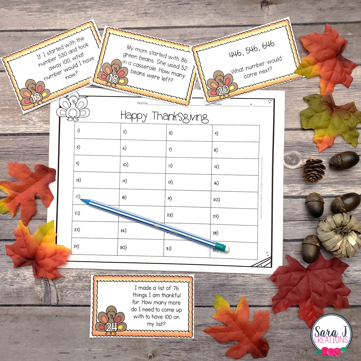Thanksgiving Math Task Cards – Sara J Creations
