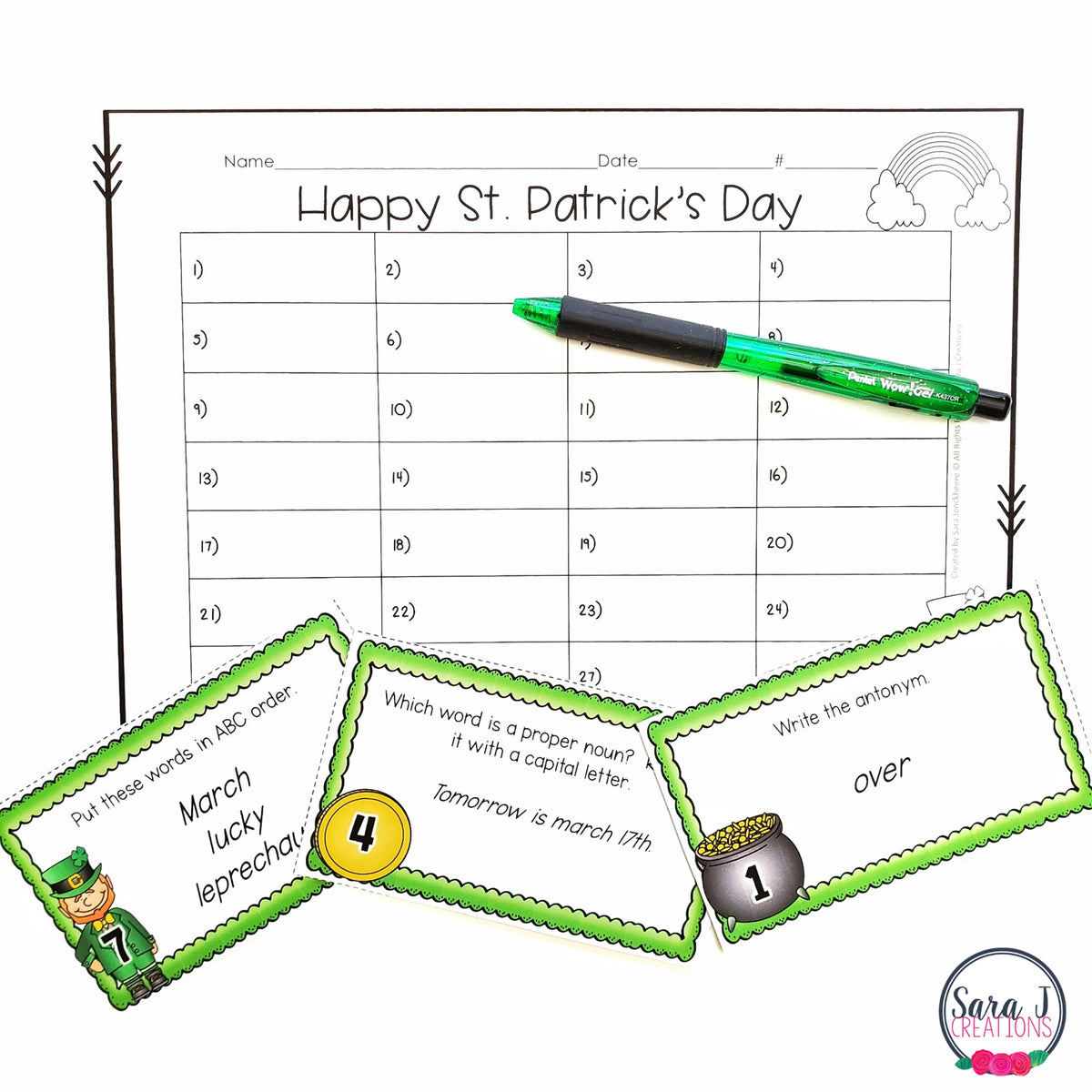 St. Patrick's Day ELA Task Cards – Sara J Creations