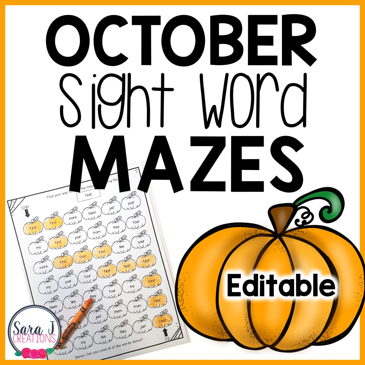 October Pumpkin Editable Fall Maze for Sight Words – Sara J Creations