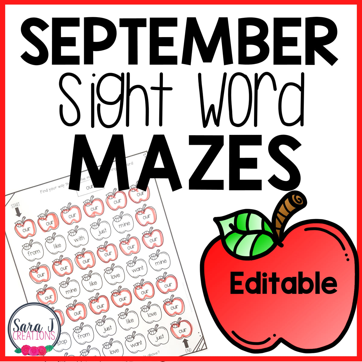 September Sight Word Coloring Pages Editable Apple Mazes for Fall ...