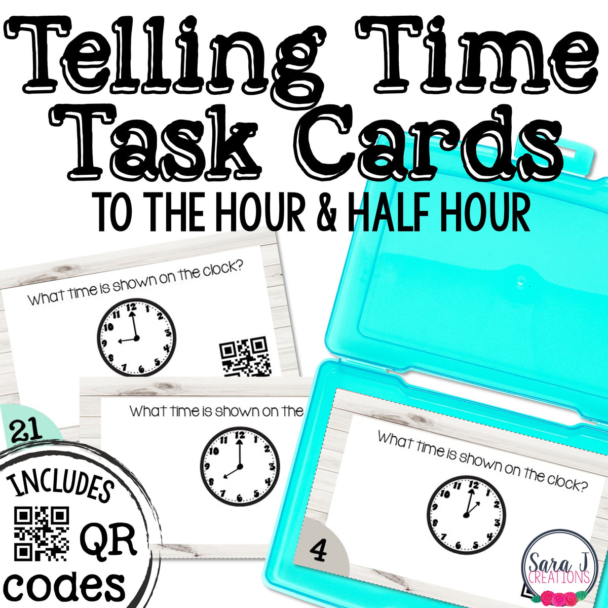 Telling Time to the Half Hour and Hour Task Cards – Sara J Creations