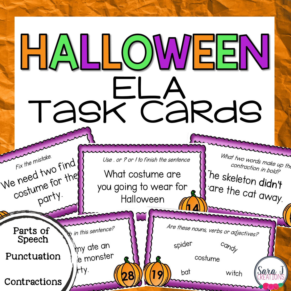 Halloween ELA Task Cards - Parts of Speech, Punctuation, Contractions ...