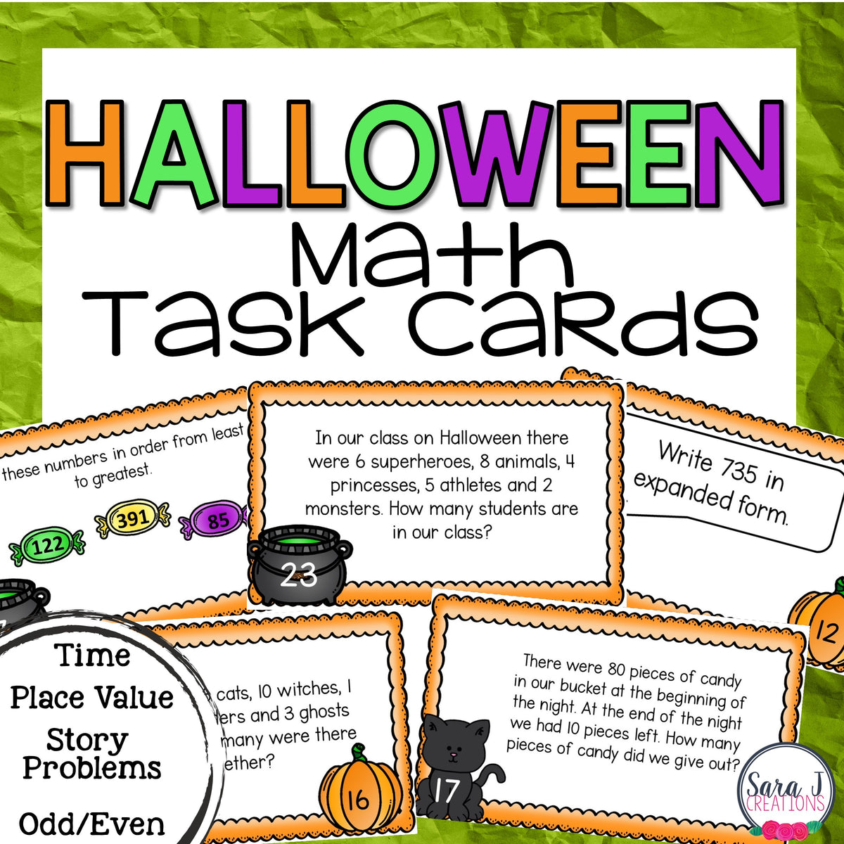 Halloween Math Task Cards - Time, Place Value, Story Problems – Sara J ...