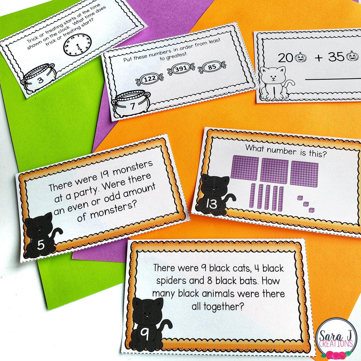 Halloween Math Task Cards - Time, Place Value, Story Problems – Sara J ...