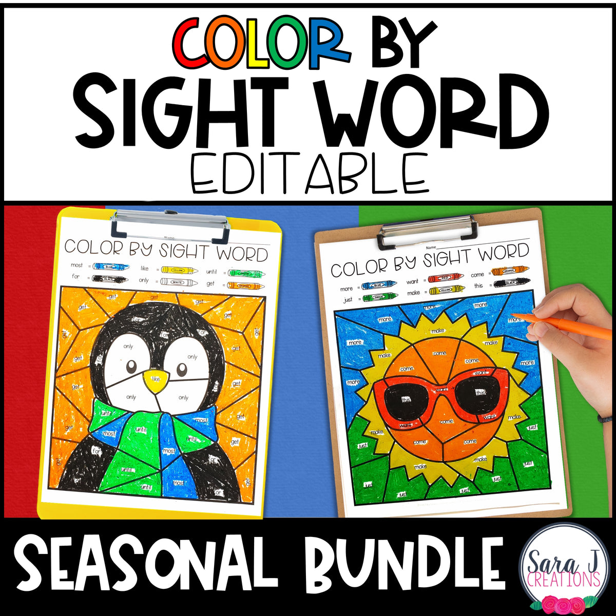 Color by Sight Word Seasonal BUNDLE Editable – Sara J Creations