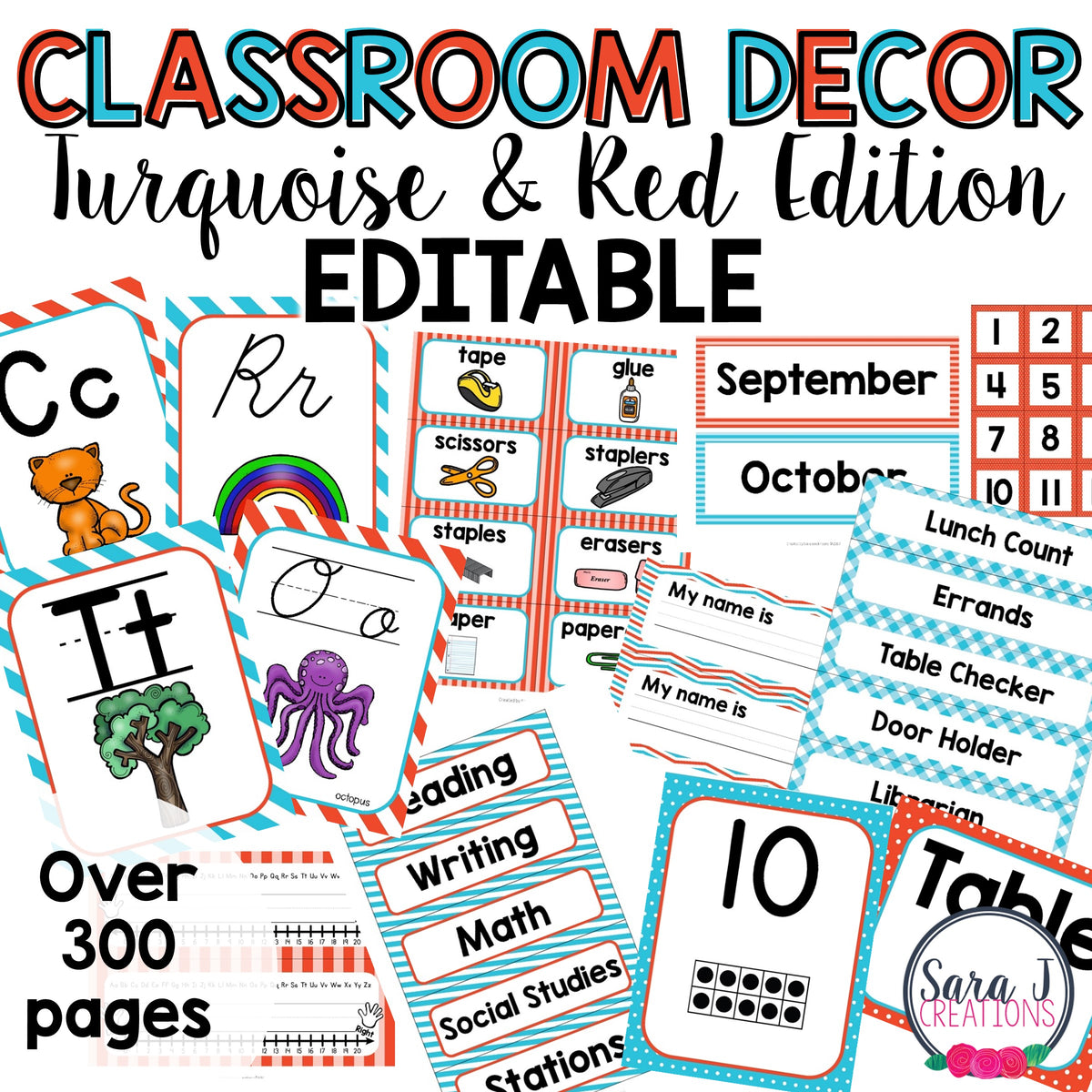 Turquoise Blue and Red Classroom Decor – Sara J Creations